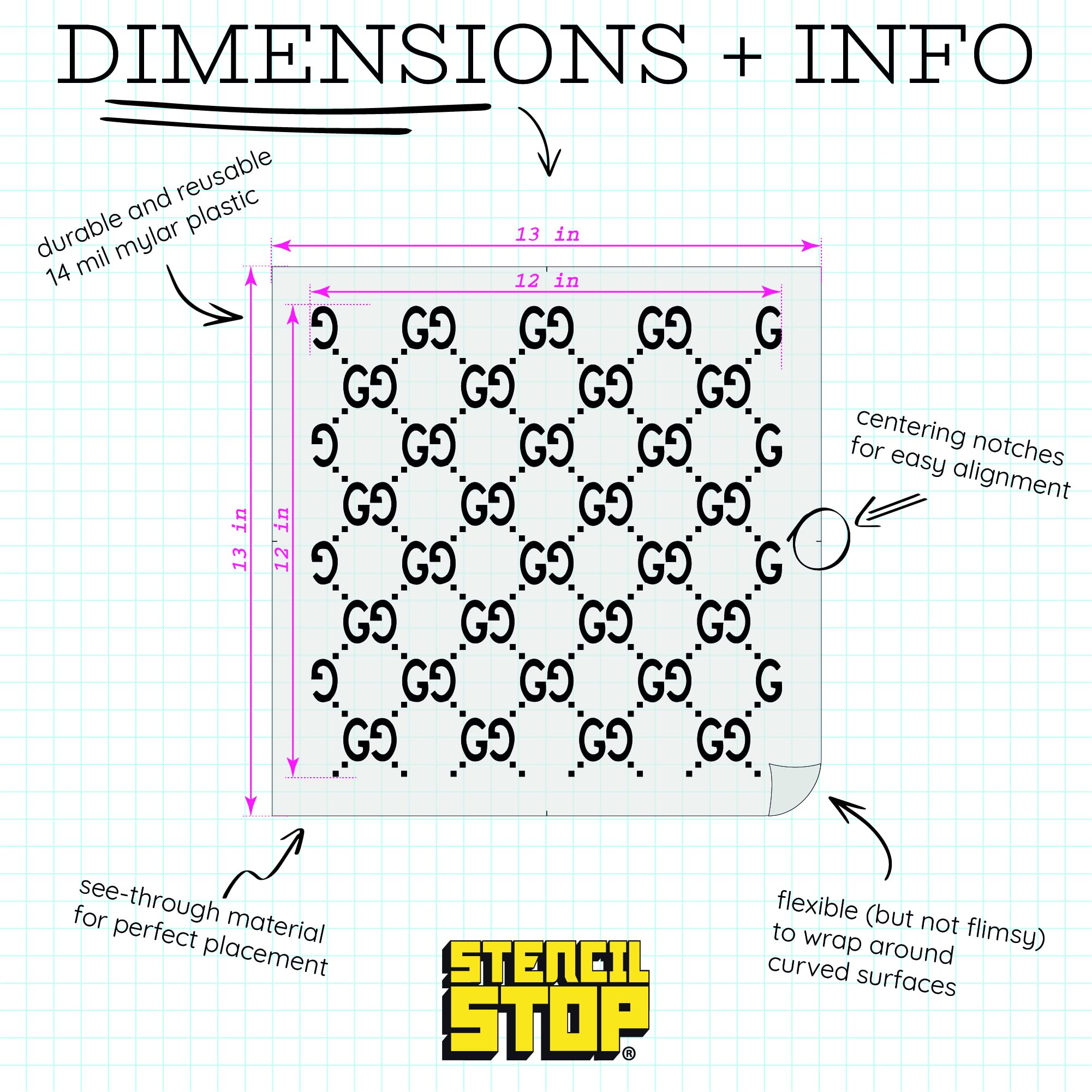 GG Pattern Stencil - Seamless Repeating Design for DIY, Walls, Decor - Durable 14 Mil Mylar Plastic (12 x 12 inches)