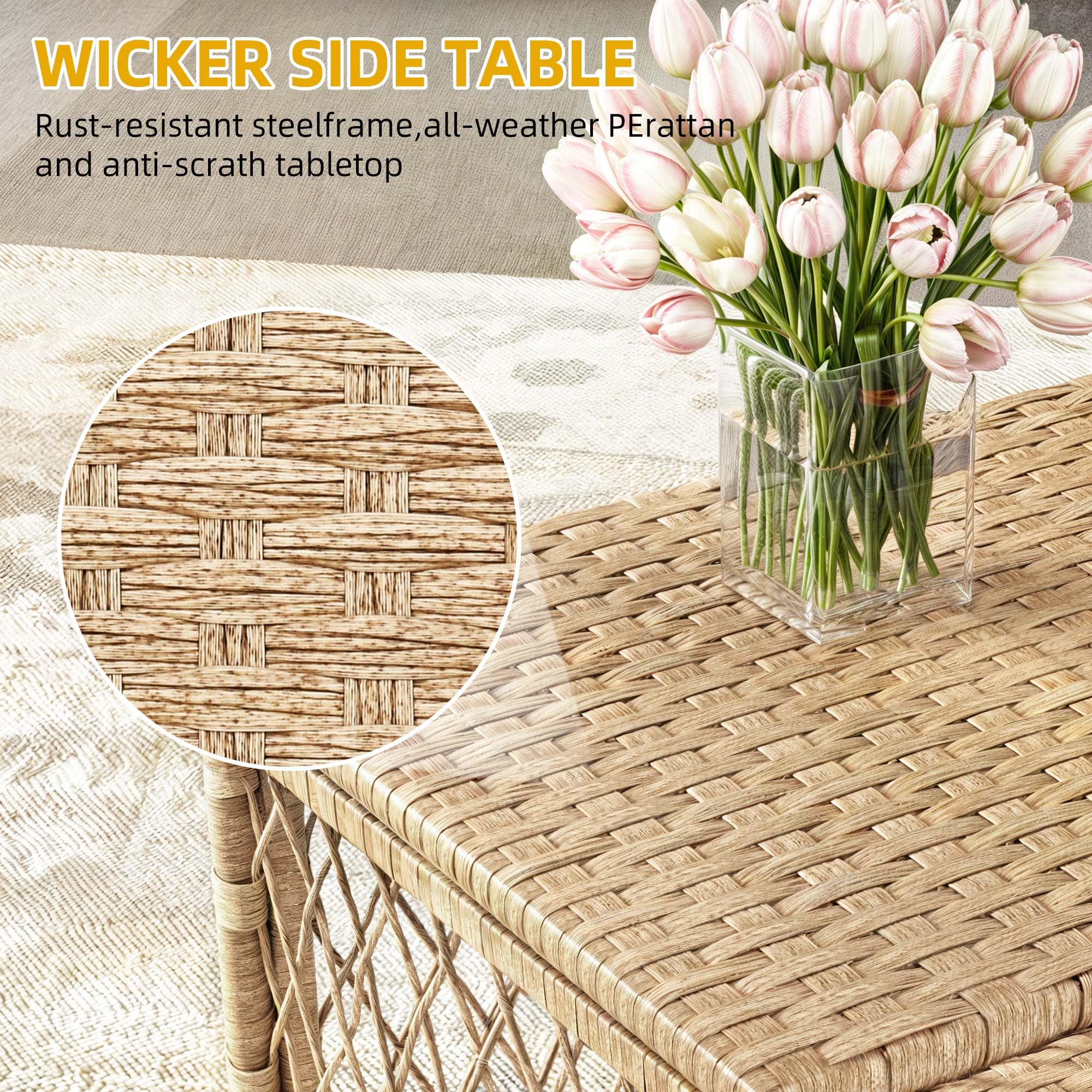 DWVO 3 Pieces Rocking Wicker Bistro Set, Patio Outdoor Conversation Sets with 2-Tier Coffee Table, Oversize Rattan Furniture Set for Garden Backyard Balcony, Beige