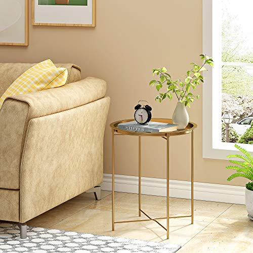 HOME BI Small Round End Table, Accent Side Table Nightstand with Removable Tray Top for Living Room Bedroom, Folding Mini Coffee Table, All Metal Frame, No Assembly Required, Gold