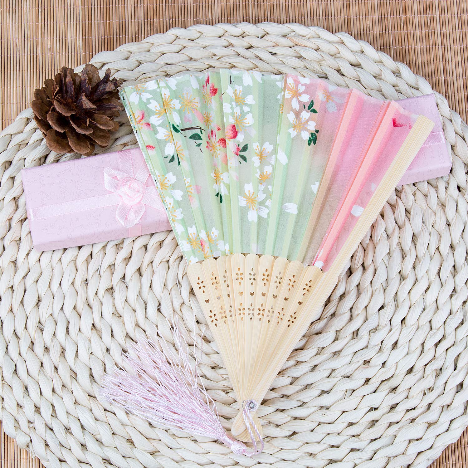 BingGoGo Hand Fan Women Folding Hand Held Silk Fan,8.27"(21cm) Hand Held Folding Fans,Chinese/Japanese Vintage Retro Style,Gift Box Packaging (Pink-3)