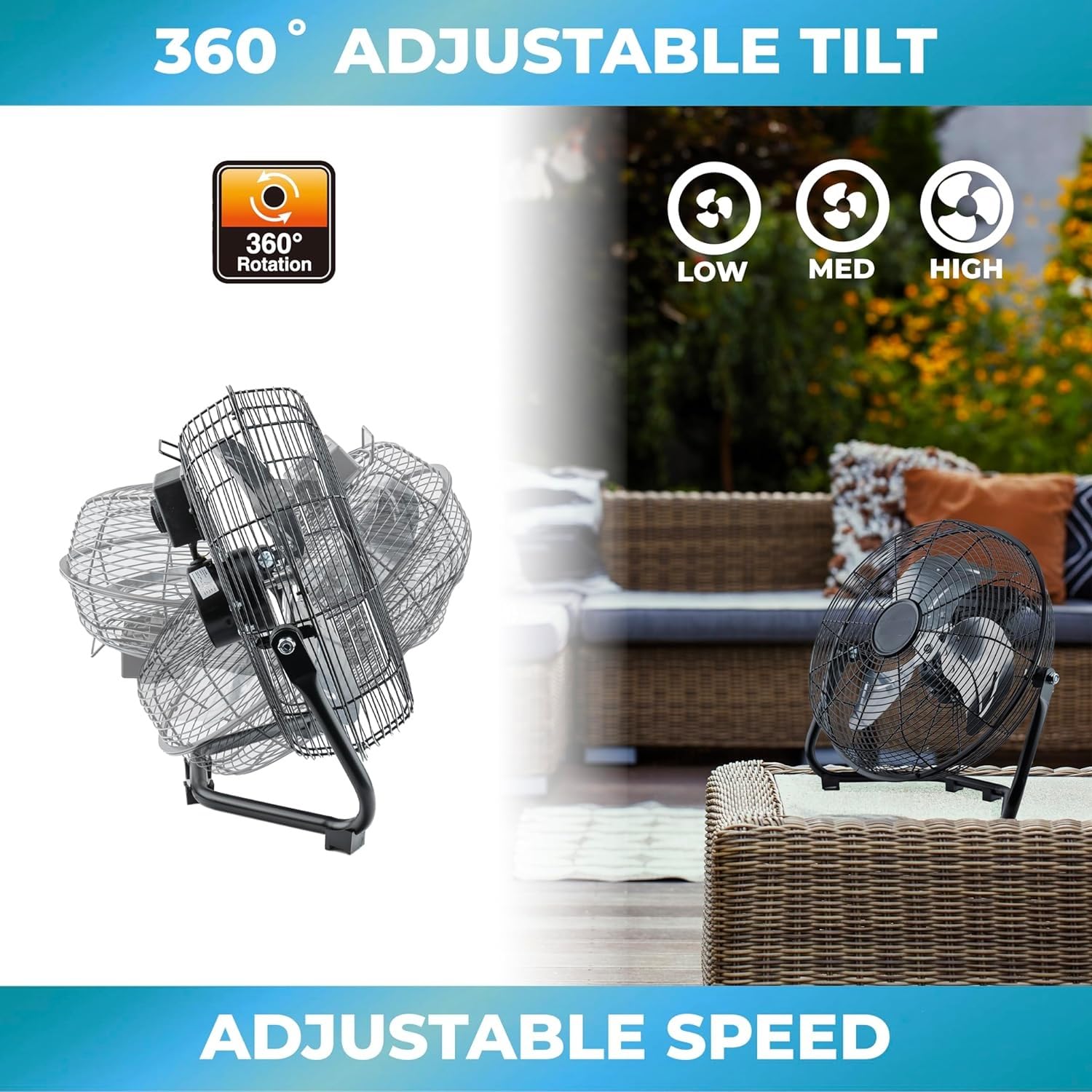 EZ-CHILL 12” Cradle Floor Fan, 3 Speed, High Velocity, 180 Degree Adjustable Tilt, All-Metal, Carry Handle, Rubber Feet, Airflow 15.42 ft/sec, Ideal for Home, Bedroom & Office, MTFDB-12