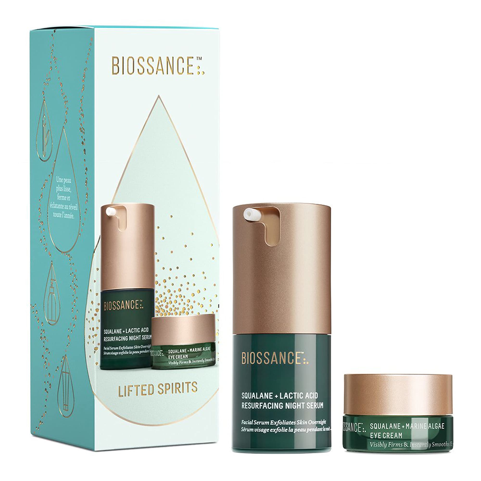 Biossance Lifted Spirits Set. Limited Edition Squalane + Lactic Acid Resurfacing Night Serum (.5 oz) and Squalane + Marine Algae Eye Cream (.1 oz)