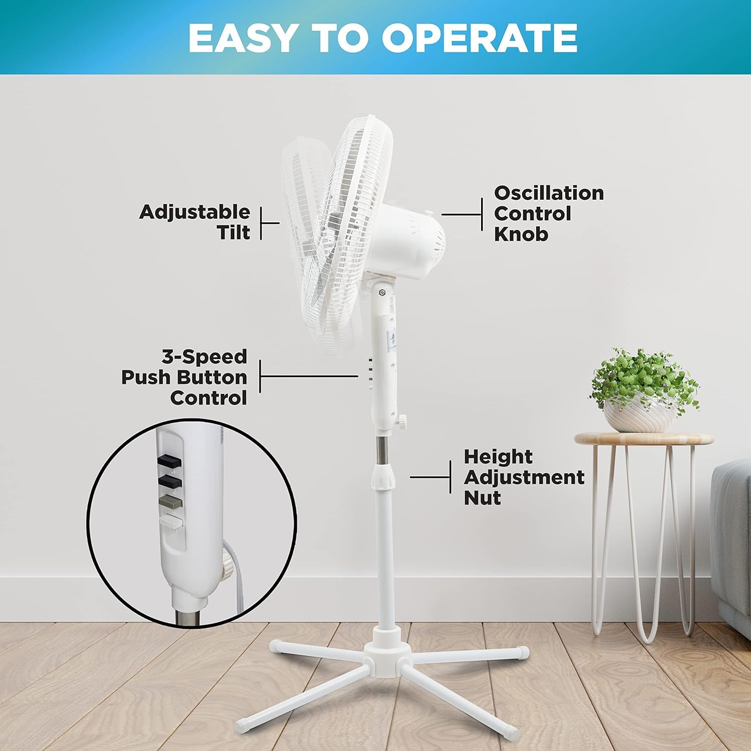 EZ-CHILL 16” Oscillating Pedestal Fan, 3-speed Options, 90-Degree Oscillating Head, Adjustable Height and Tilt, Powerful Air Flow, Black, MTFS-16B-BLK