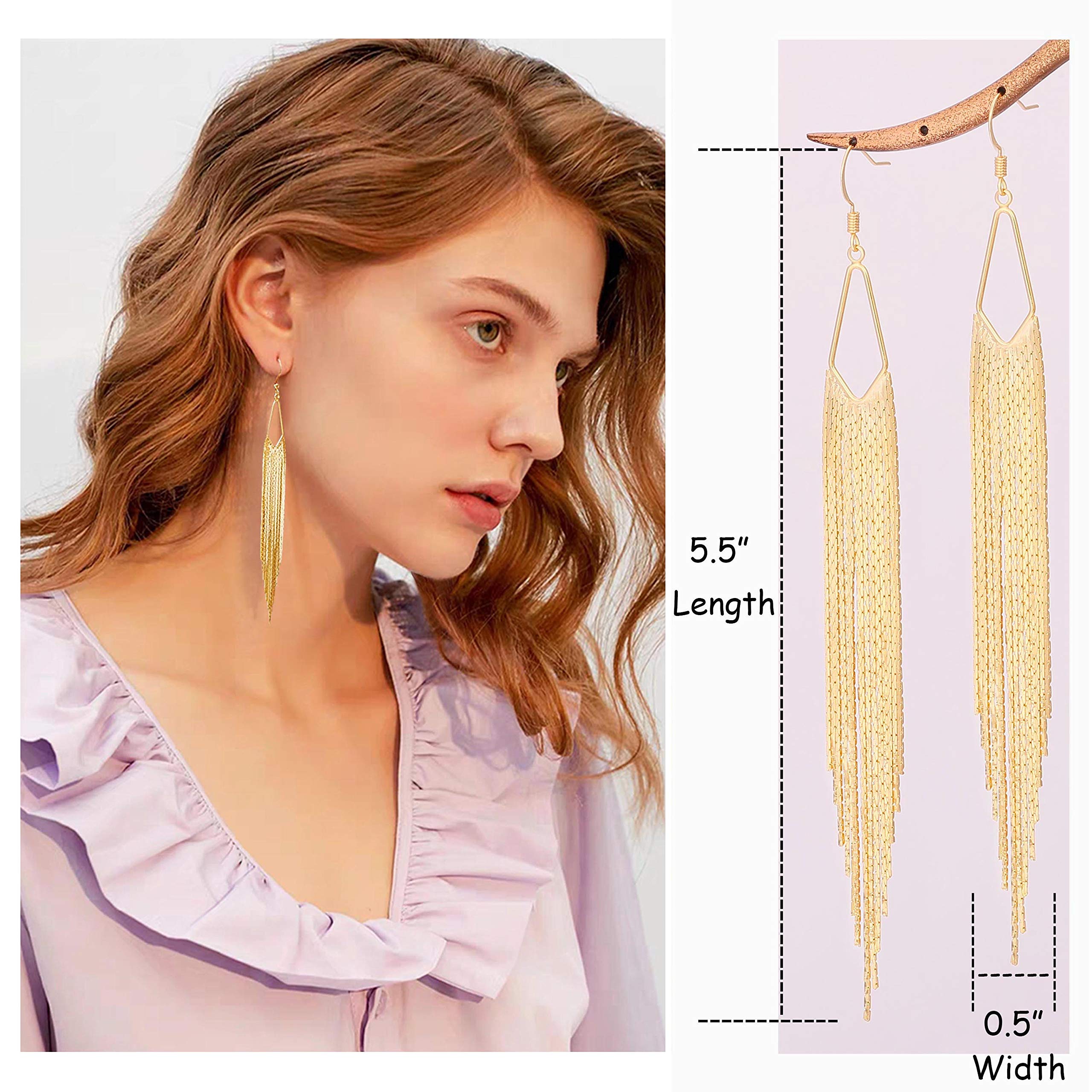 PEARLADA 18K Gold Long Chain Tassel Earrings Simple Hook Jewelry for Women Fashion Sleek Chain Dangle Drop Earrings for Party Linear Fringe Earring