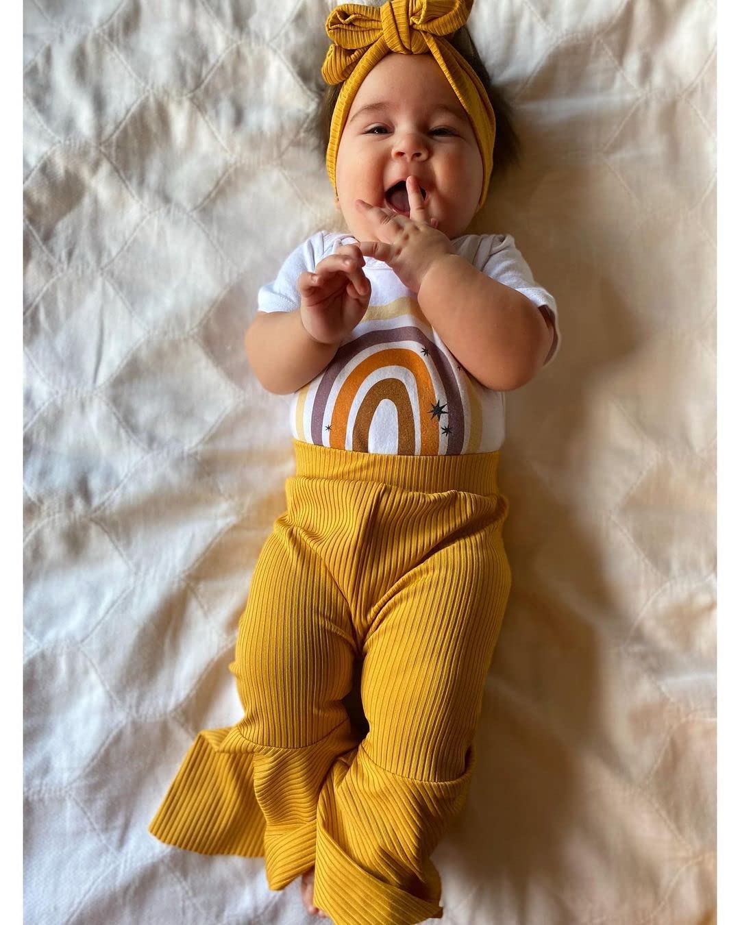 Hiusmilekid Newborn Infant Baby Girl Clothes Set Rainbow Romper Bodysuit Flare Pant Bell-Bottom Summer Outfit 3Pcs