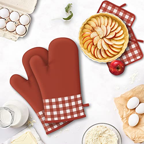 Oven Mitts and Pot Holders, 4 Piece Heat Resistant Thick Cotton Oven Mitts, Comfortable Cotton Oven Gloves for Cooking, Baking and Grilling, Red Plaid