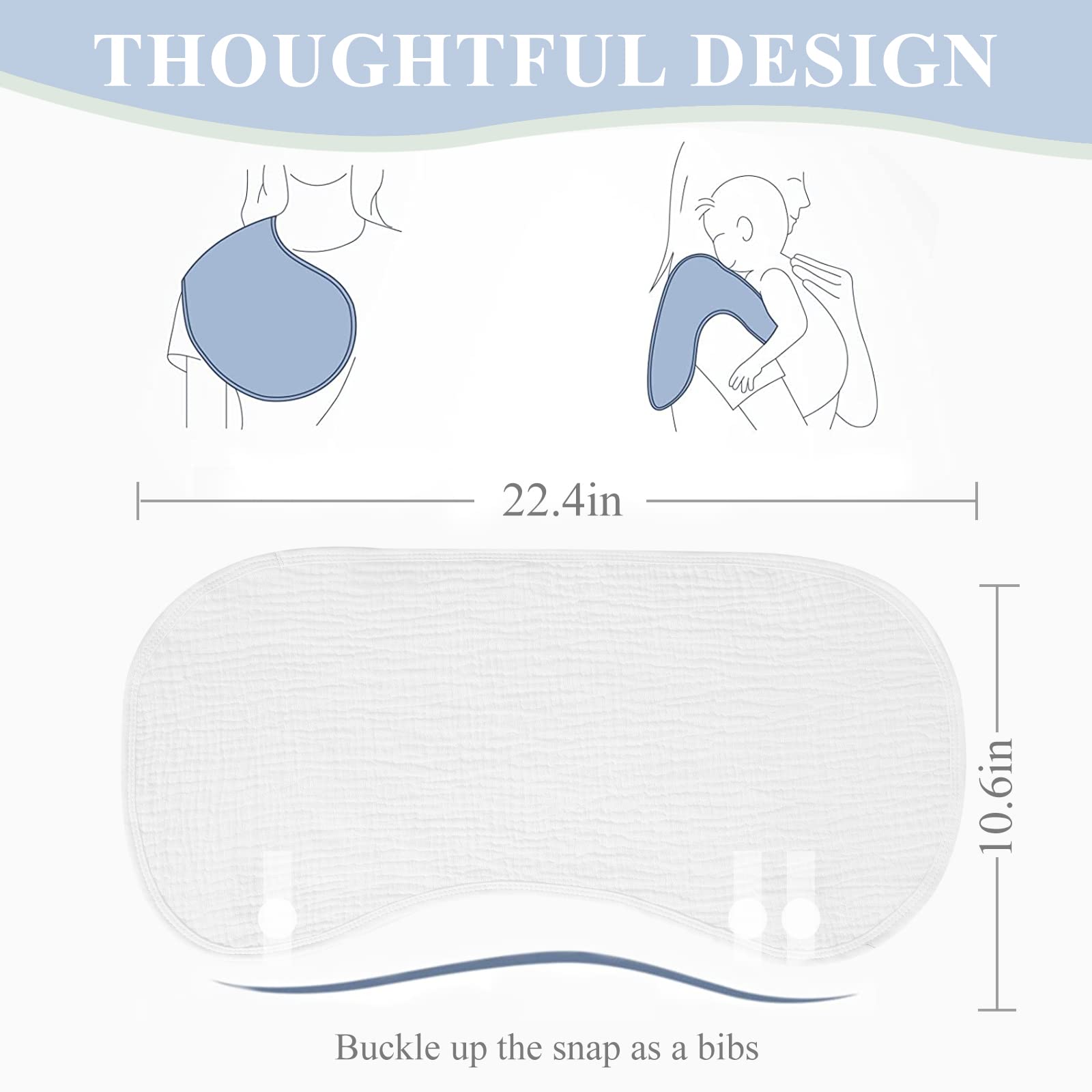 COTTONBEBE Muslin Burp Cloths with Snaps, Multi-Use Burpy Bib 100% Natural Cotton,Large 22"X11" Extra Absorbent Burping Cloth for Baby Girl & Boy, White