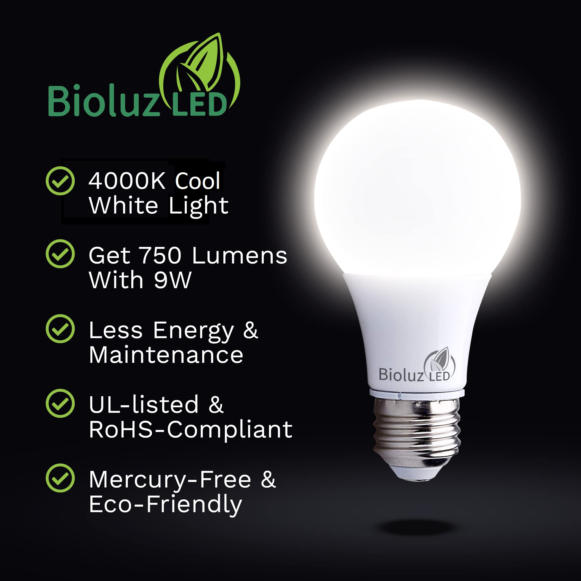 Bioluz LED 60 Watt LED Light Bulbs 4000K Cool White 9 Watts = 60W Non-Dimmable A19 LED Light Bulbs 6 Pack