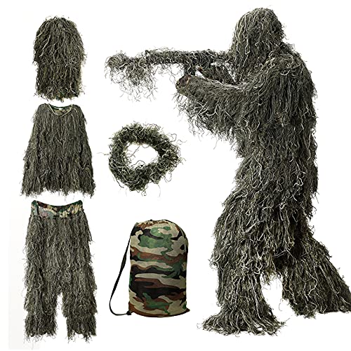 Ghillie Suit, 3D Camouflage Hunting Apparel Including Jacket, Pants, Hood, Carry Bag, Camo Hunting Clothes for Men, Hunters, Military, Sniper Airsoft, Paintball (Medium or Large, Woodland)