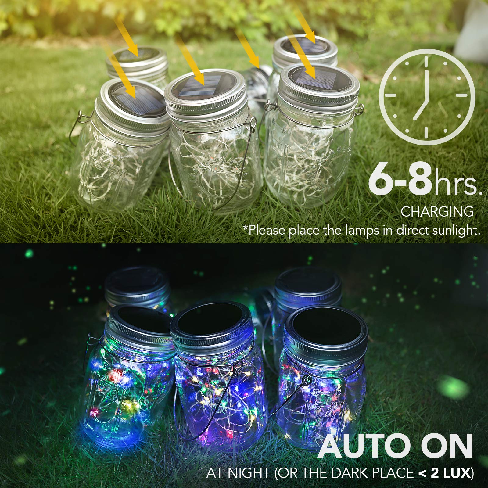 Mason Jar Solar Lights 30 LEDs, 6 Pack Hanging Solar Lights Outdoor, Waterproof Fairy Lights Solar Lanterns for Patio Garden, Hangers and Jars Included- Multicolor
