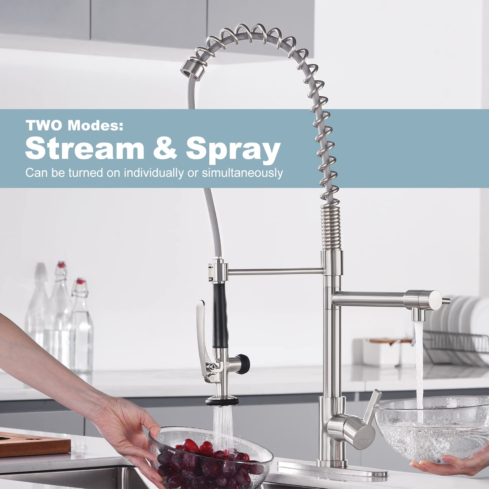 Commercial Kitchen Faucet with Pre-Rinse Sprayer, WOWOW Solid Brass Commercial Restaurant Faucet 1 or 3 Hole Spring Kitchen Faucet with Deck Plate, Brushed Nickel