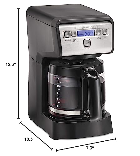Hamilton Beach 12 Cup Compact Programmable Drip Coffee Maker with No-Drip Burosilicate Glass Carafe, 2-Hour Auto Shutoff, Space-Saving Design, Black with Stainless Steel Accents (46200)