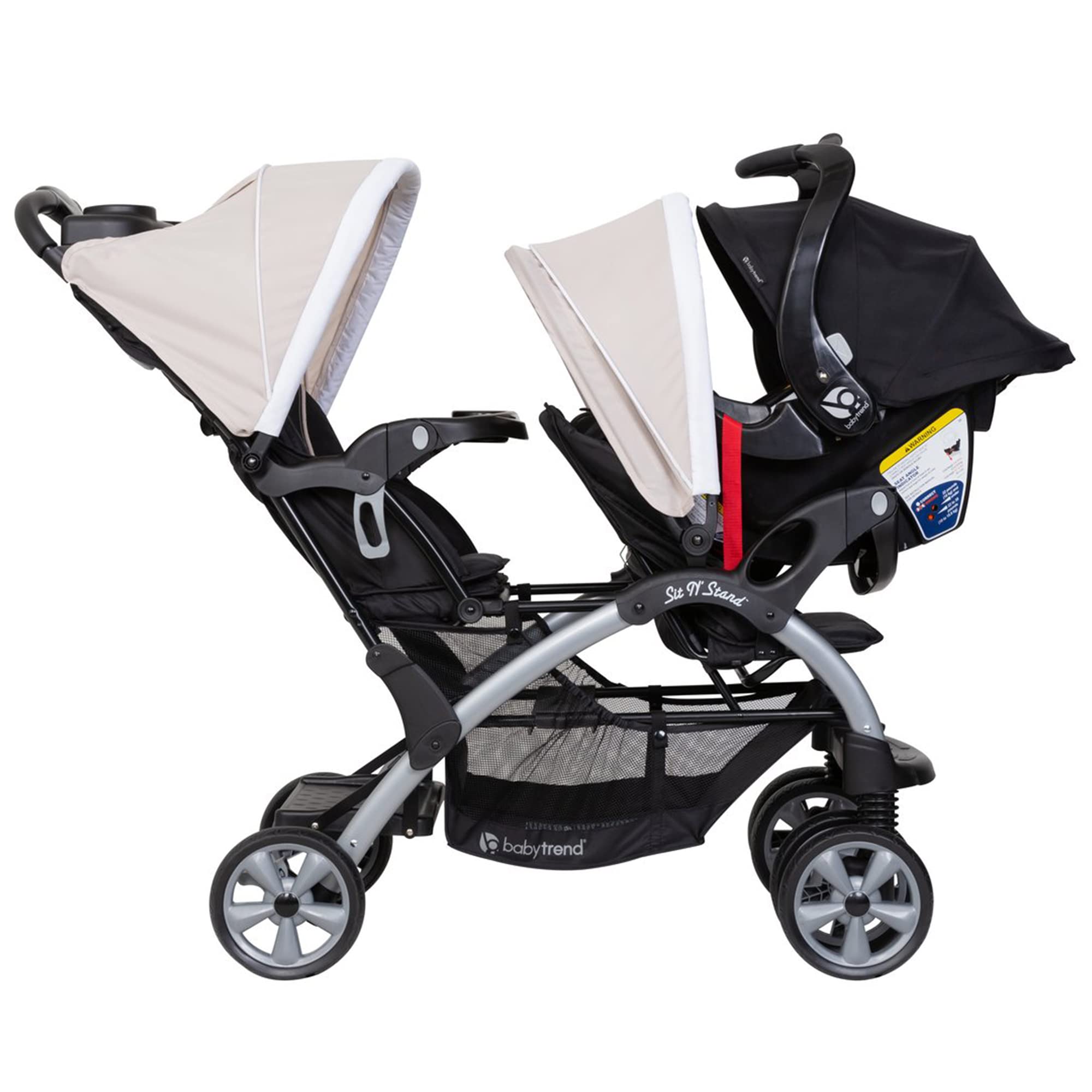 Baby Trend Sit N' Stand Easy Fold Travel Double Toddler and Newborn Stroller & 2 Single Infant Car Seat Combo Set, w/ Safety Harnesses & Cover, Khaki