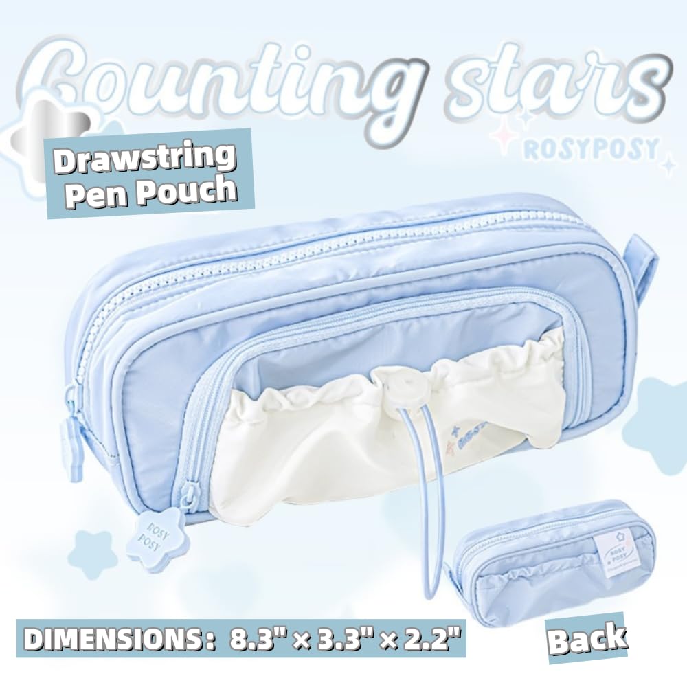 Cute Star Pencil Box Large Capacity Kawaii Drawstring Aesthetic Estuche Para Lapices (At seaside (Blue))