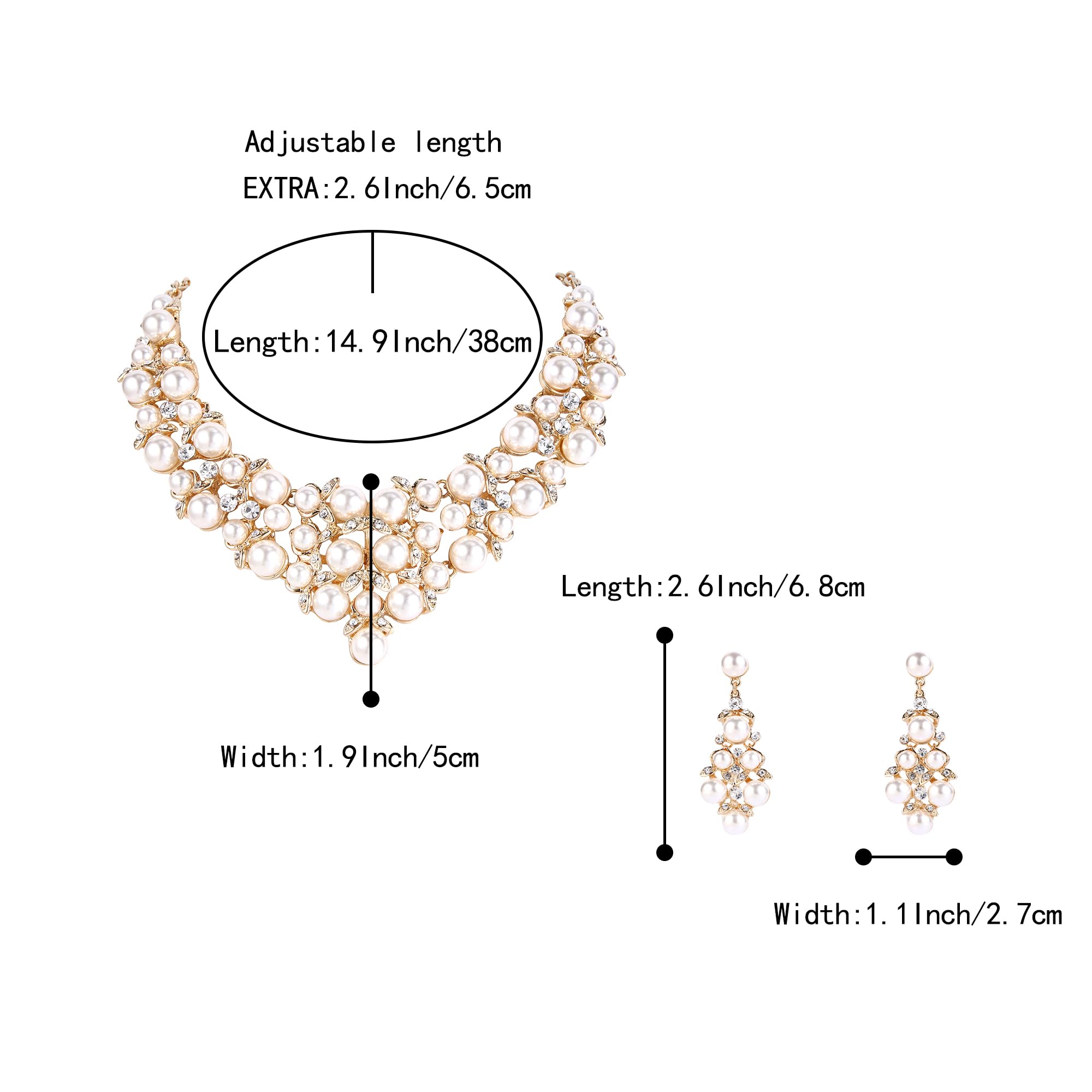 BriLove Wedding Bridal Simulated Pearl Necklace Earring Jewelry Set for Women Crystal Cluster Statement Necklace Dangle Earrings Set Clear Gold Tone.