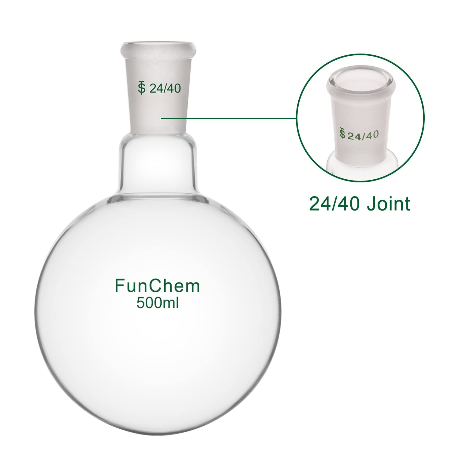 FunChem Single Neck 1 Neck Round Bottom Flask RBF, Glass Boiling Flask with 24/40 Standard Taper Outer Joint (500 mL)