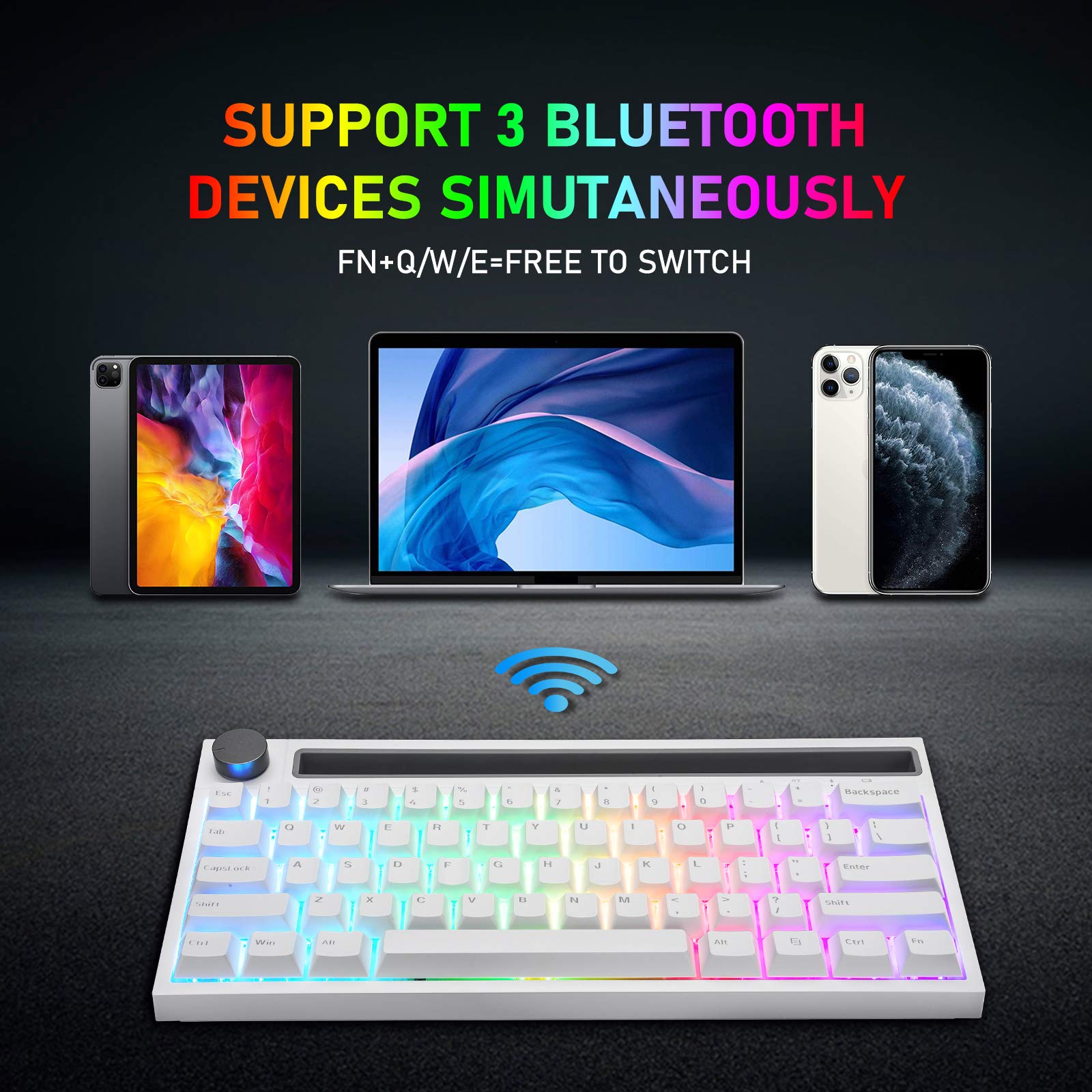 Bluetooth Mechanical Gaming Keyboard with 19 RGB Backlight Mini 61 Key Multimedia Knob Rechargeable 4400mAh Battery Type C Wired/Wireless for PC Mac Mobile Phone Gamer Typist (White/Pink Switch)