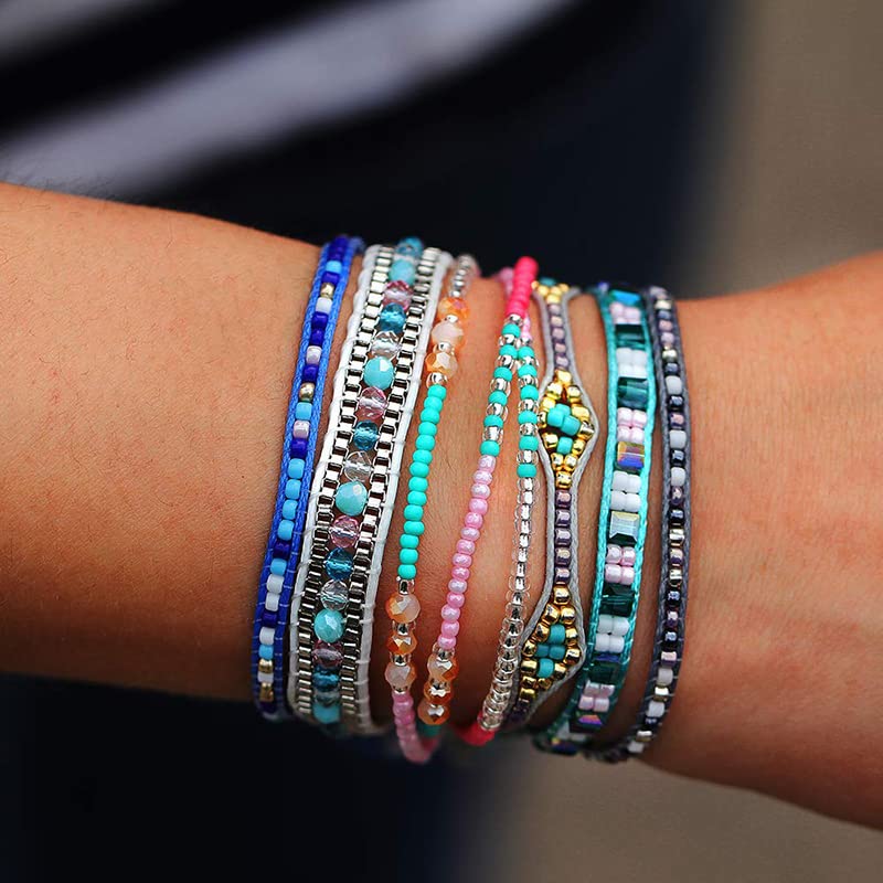 KIYSI 5 Pcs Boho Bohemian Beaded Anklet Bracelets Handmade Beaded Bracelets Unique Colorful Beach Anklet(Lake Blue)