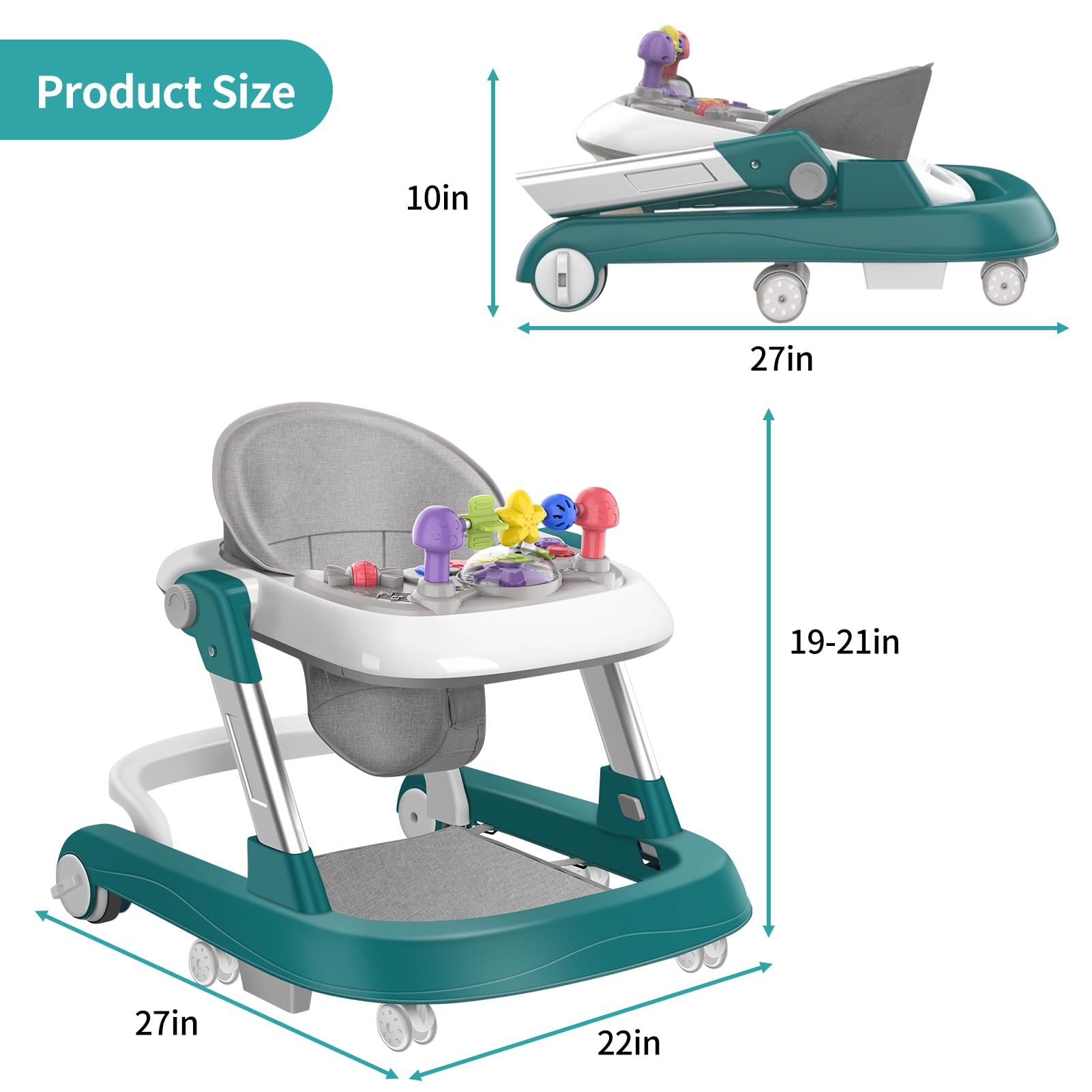Baby Walker with Wheels, 2-in-1 Activity Walker Learning-Seated, Walk-Behind, Removable Play Tray, Adjustable Height & Speed, Foldable Baby Walker for Boys and Girls from 6-18 Months with Footrest