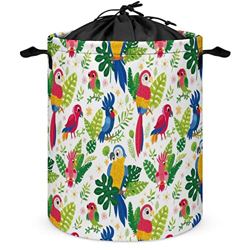 Cute Tropical Birds in Jungle Laundry Basket Round Collapsible Storage Bin with Drawstring and Handle for Bedroom Bathroom Toys Room 17.3" X 13.8"