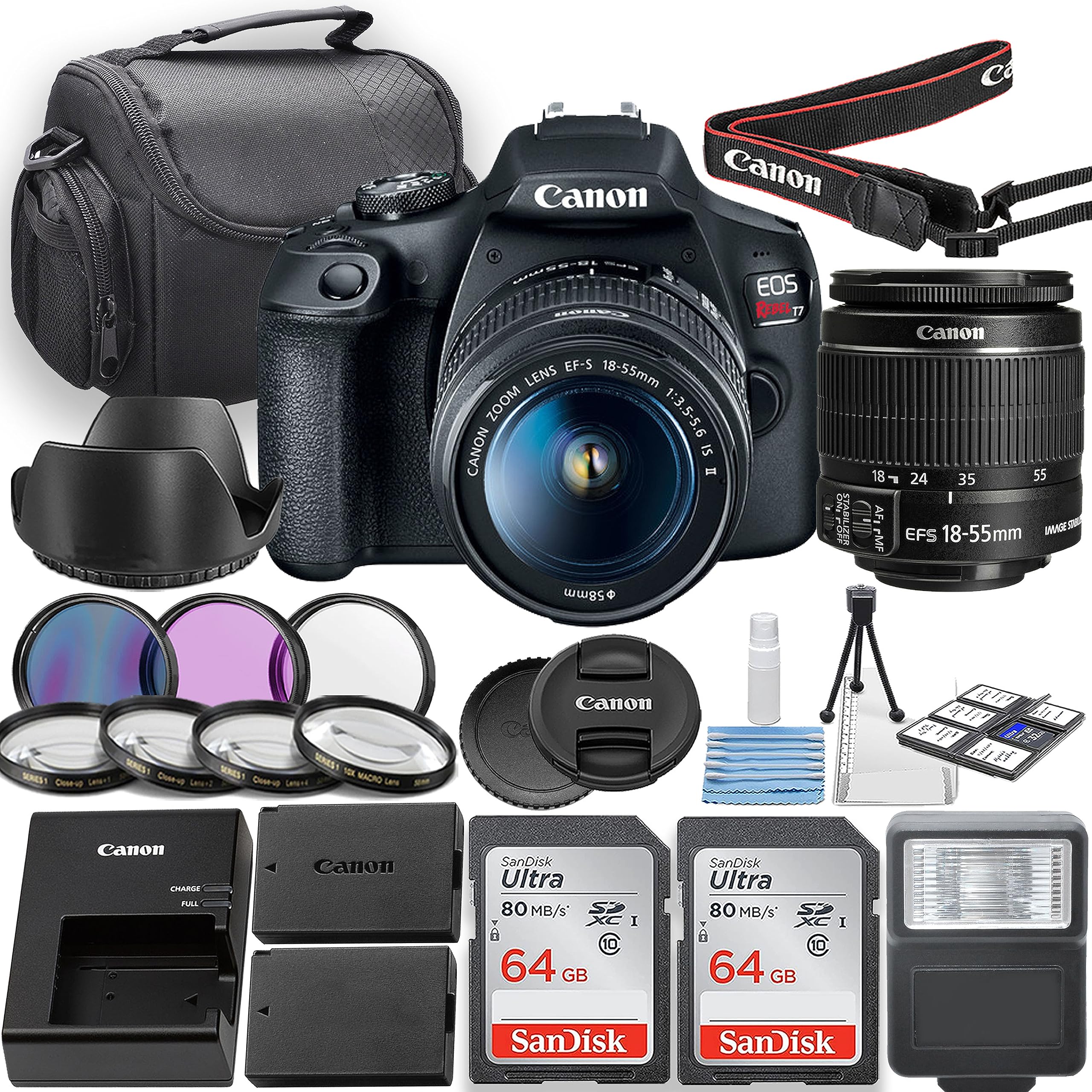Canon EOS Rebel T7 / EOS 2000D DSLR Camera with EF-S 18-55mm f/3.5-5.6 is II Lens + 2pc 64GB Memory Cards + Filters + Case & More