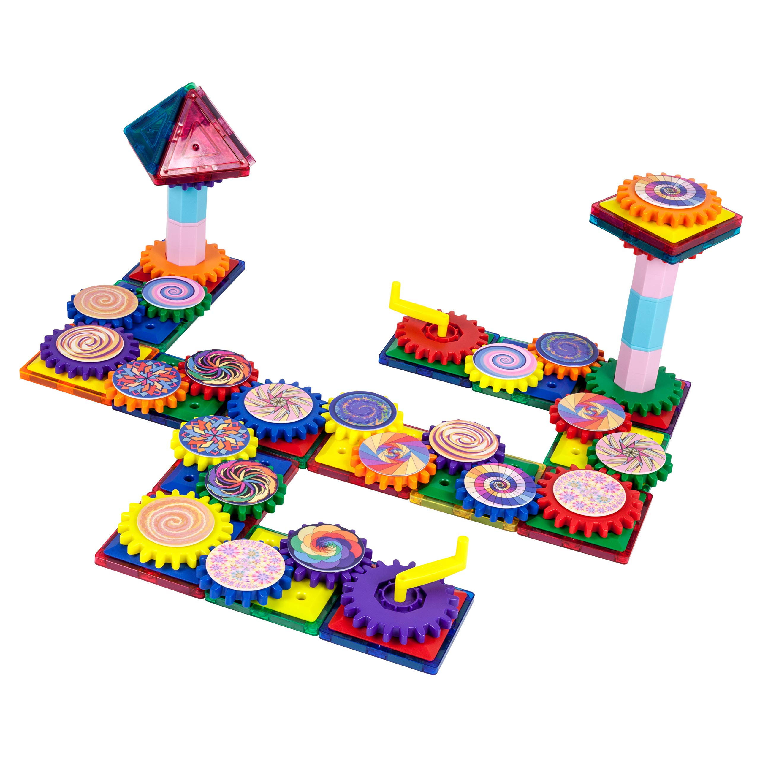 PicassoTiles 101 Master Builder Magnetic Building Block Toy Set Construction Magnet Tile Blocks Education Toys with 22 Optical Illusion Spinning Disk, 27 Gear Wheels and Engineering Columns PTW101