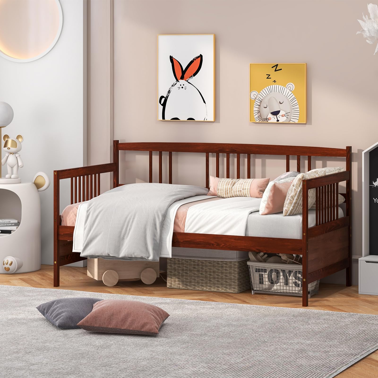 Giantex Twin Daybed Frame, Wooden Sofa Bed Guest Bed with Rails & Wood Slat Support, Dual-use Twin Size Platform Bed Frame for Living Room Bedroom, No Box Spring Needed, Cherry