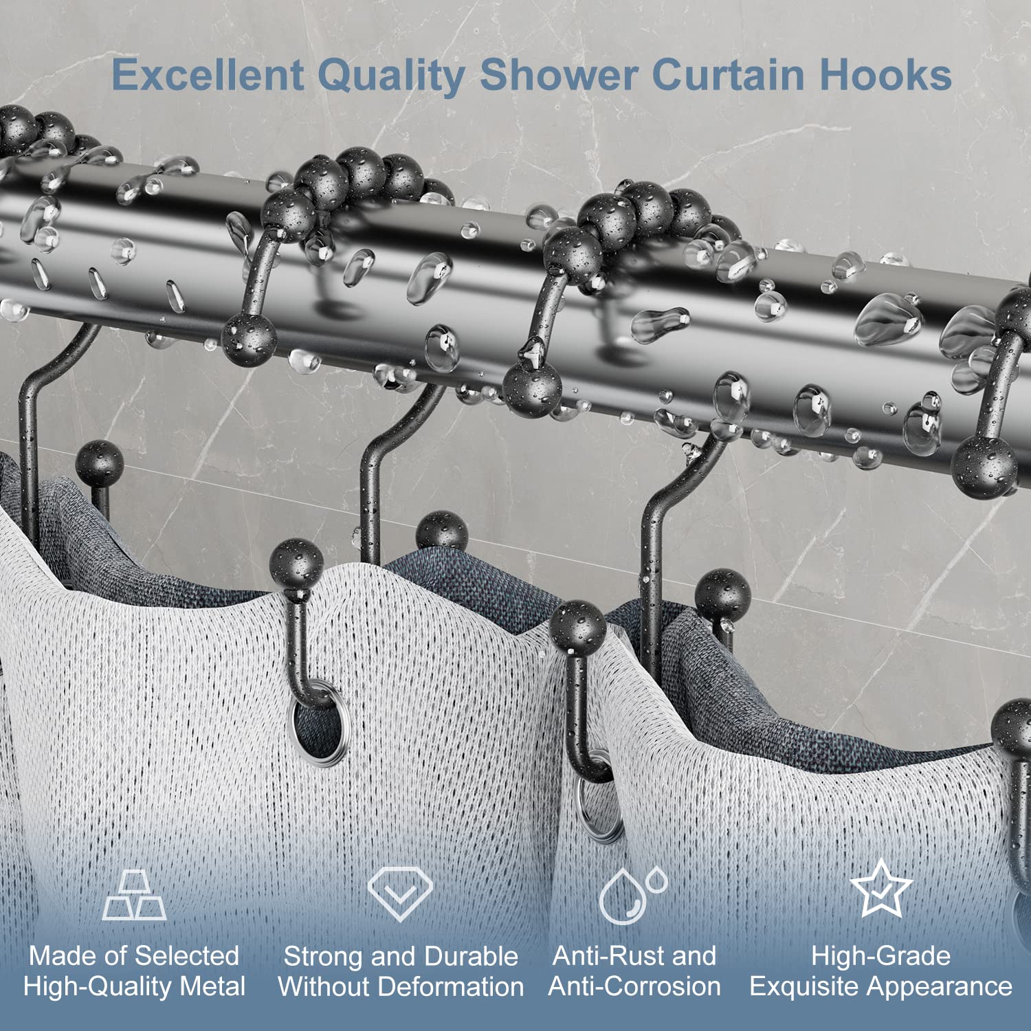 BBLHOME Shower Curtain Hooks Rings, Sturdy Shower Curtain Hooks Rings Rust Proof Metal Double Sided Shower Hooks Rings for Bathroom Shower Curtain Rod Curtains, Set of 12 Hooks, Black