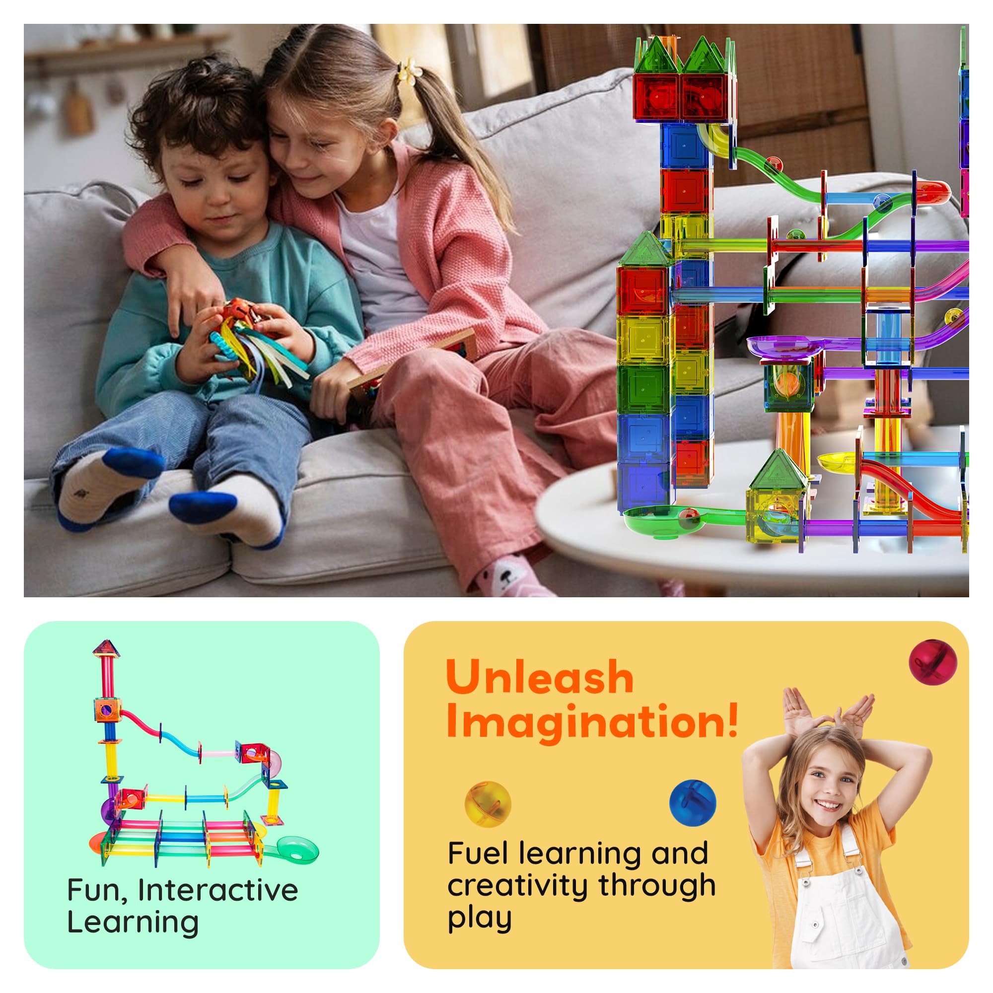 PicassoTiles Marble Run 120 Piece Magnetic Building Blocks Magnet Tile Construction Toy Playset STEM Learning Educational Block Child Brain Development Kids Toys for Boys and Girls Age 3 and Up
