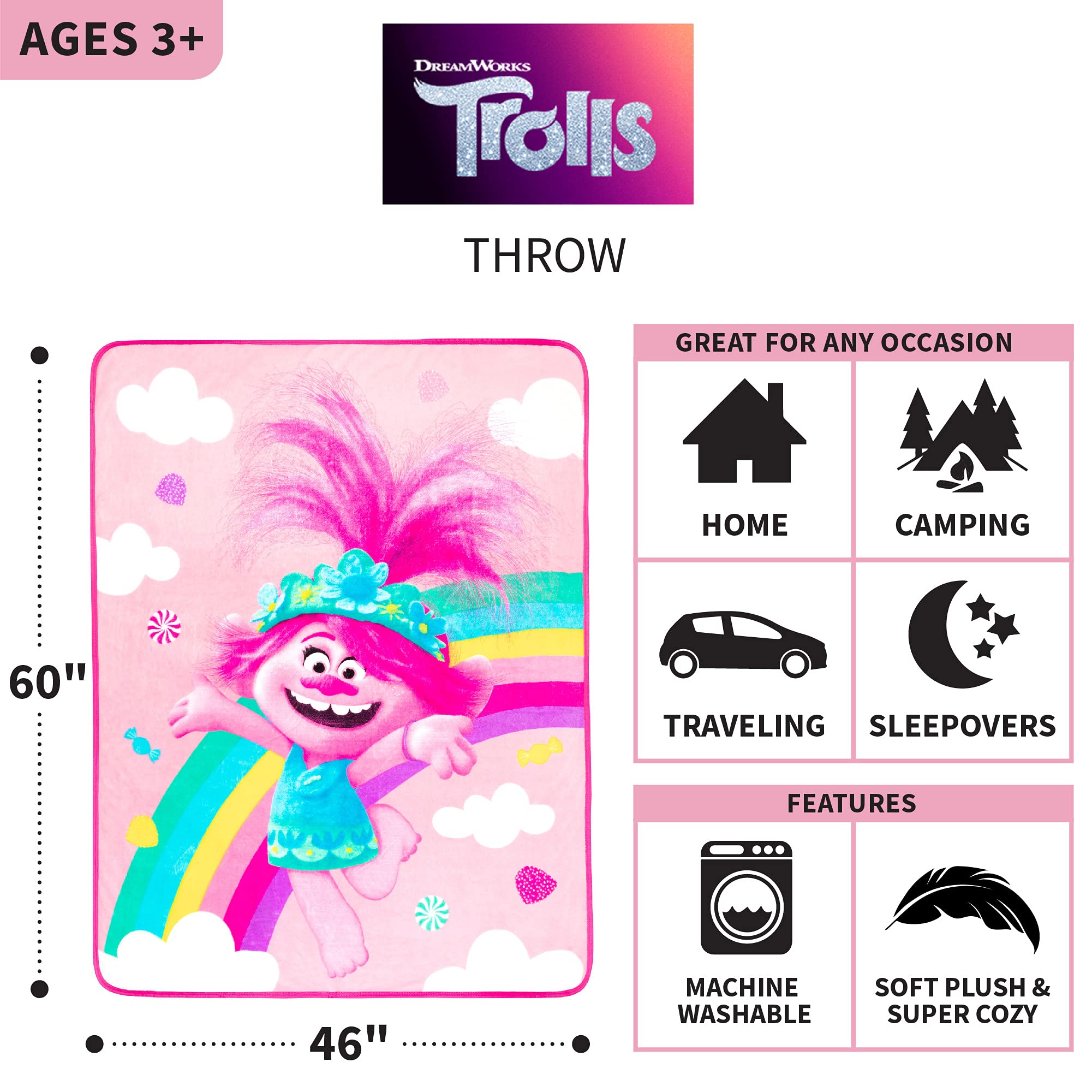 Franco Kids Bedding Soft Plush Micro Raschel Throw, 46 in x 60 in, Trolls World Tour