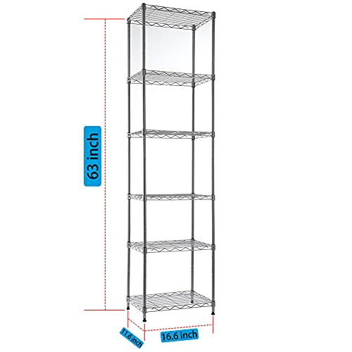 GIOTORENT 6-Tier Standing Shelving Metal Units, Adjustable Height Wire Shelf Display Rack for Laundry Bathroom Kitchen 16.6β x 11.6β x 63β (6-Tier-Down, Silver)