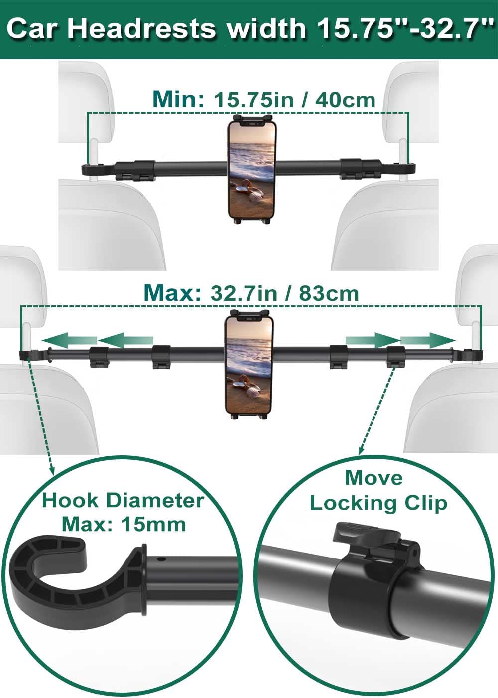 Cuxwill Car Headrest Tablet Holder Mount for 4-13'' Device, 32.7" Stretchable Aluminum Arm Between Back Seat Kids Stand for iPad Pro Air Mini, Galaxy Z Huawei Tab, Kindle Fire, MediaPad, Smartphone