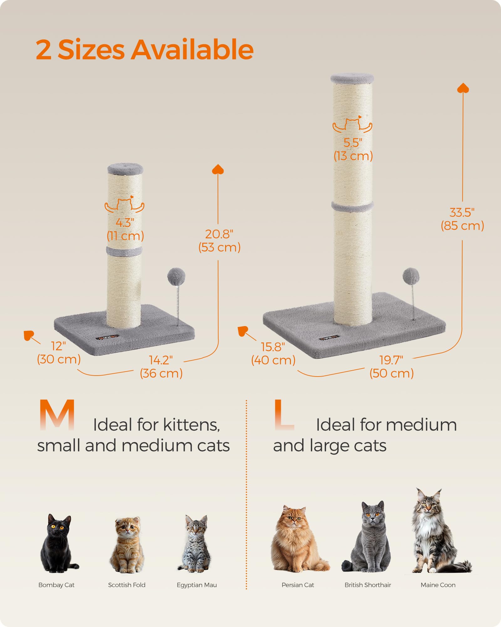 Feandrea Cat Scratching Post, 20.8-Inch Tall Cat Scratcher for Kittens, Small and Medium Cats, Sisal Scratch Pole, Spring Pompom with Built-in Bell, Dove Gray UPCA023G01