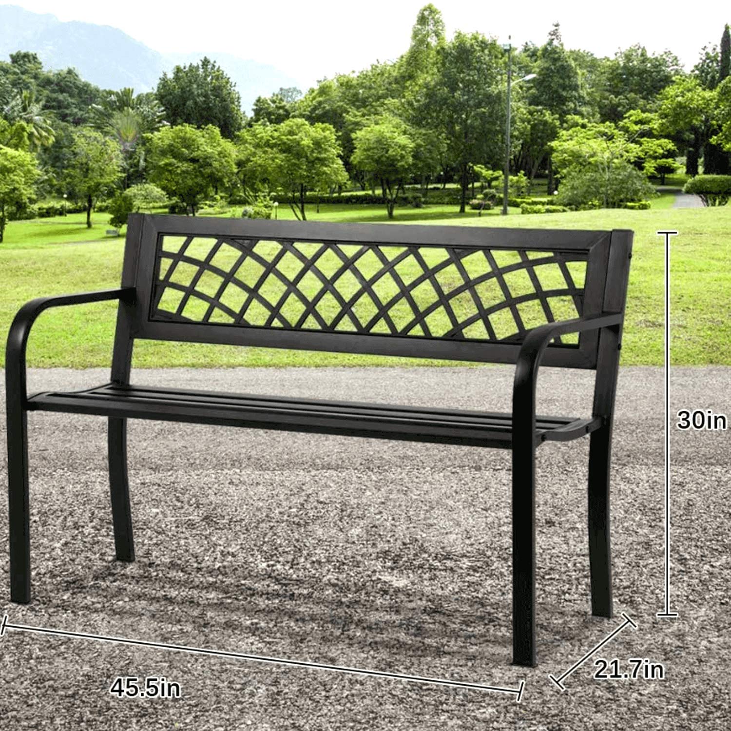 HomeClever Metal Garden Park Bench, 45.5inch Powder Coated Cast Iron PVC Mesh Pattern Design Patio Bench w/Armrests Sturdy Steel Frame, Outside for Front Porch Path Yard Lawn Deck Furniture, Black