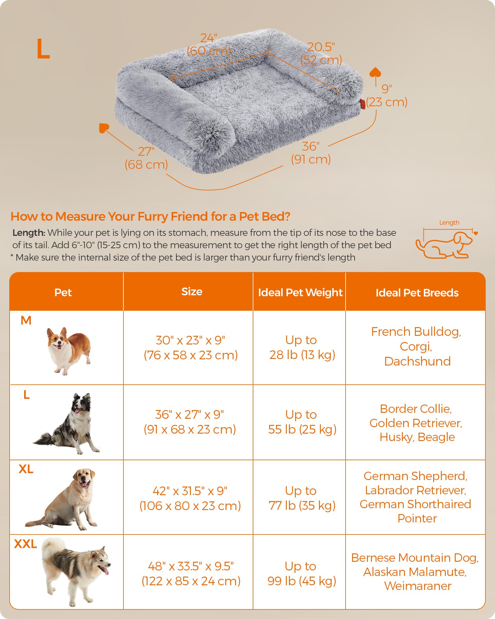 Feandrea Dog Bed, Orthopaedic Dog Sofa Bed for Medium Dogs, Waterproof Ped Bed with Removable Washable Cover, 36 x 27 x 9 Inches, Gray Ombré UPGW232G01
