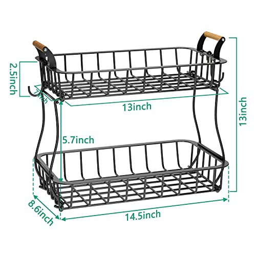 OKZEST 2 Tier Fruit Basket with 2 Banana Hangers, Vegetable Fruit Basket Bowl for Kitchen Countertop, Metal Fruit Storage Stand Holder Organizer for Bread Snack Potato Onion Produce