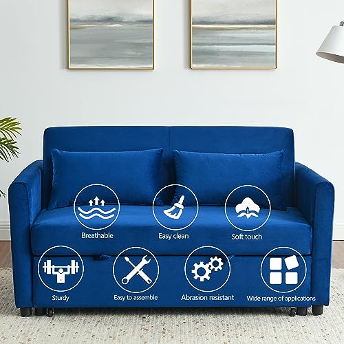 ERYE Modern Upholstered Futon Loveseat Convertible Sleeper Bed,2-Seaters Sofa & Couch Soft Cushions Love Seat Daybed for Small Space Living Room Sets Sofabed, Navy Velvet Bring Side Pockets, Pillows