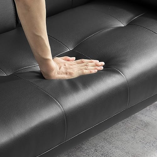ERYE Upholstered Futon Sofa Sitting Space Loveseat Convertible Sleeper Couch Bed for Apartment Office Home Gym Living Room Furniture Sets Sofabed, Black PU Leather Tufted Cupholders Metal Legs