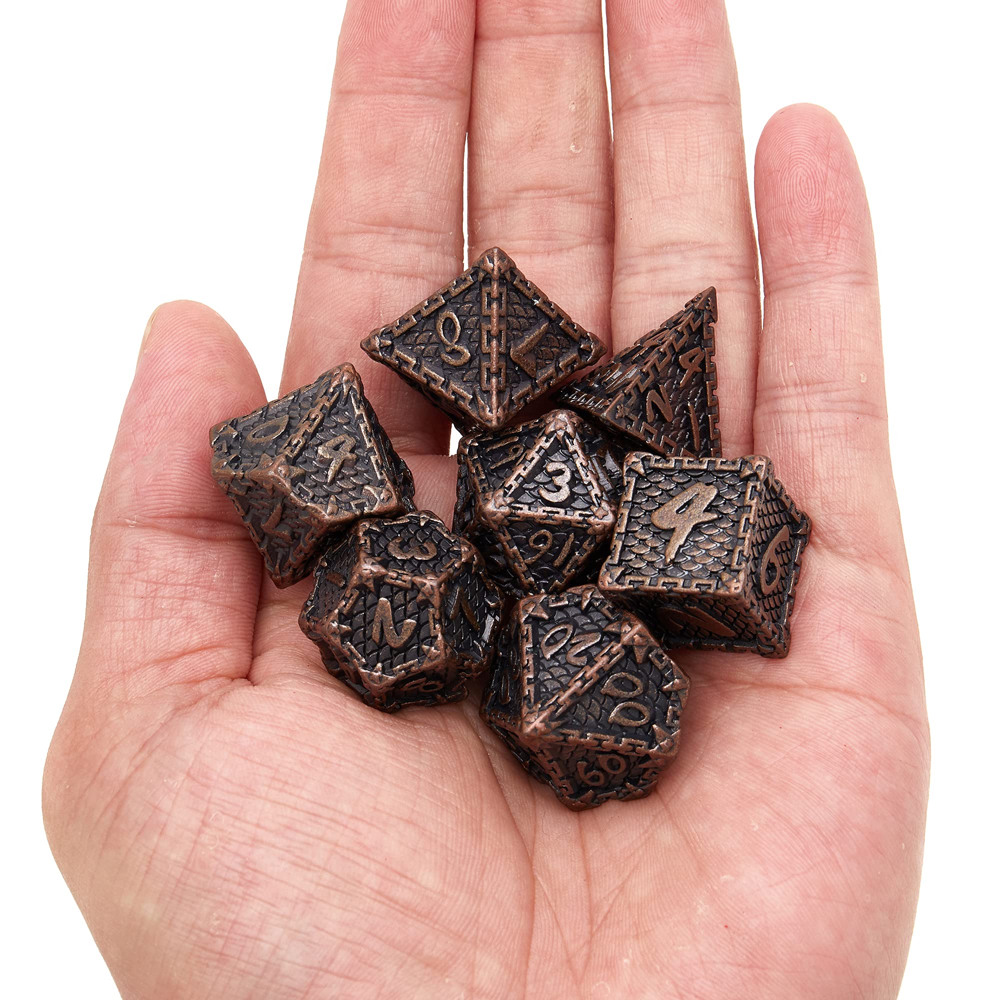 Tbrand Metal dice 7-Piece polyhedral Dragon Scale Metal dice Suitable for Dungeons and Dragons RPG dice(Patina), Red