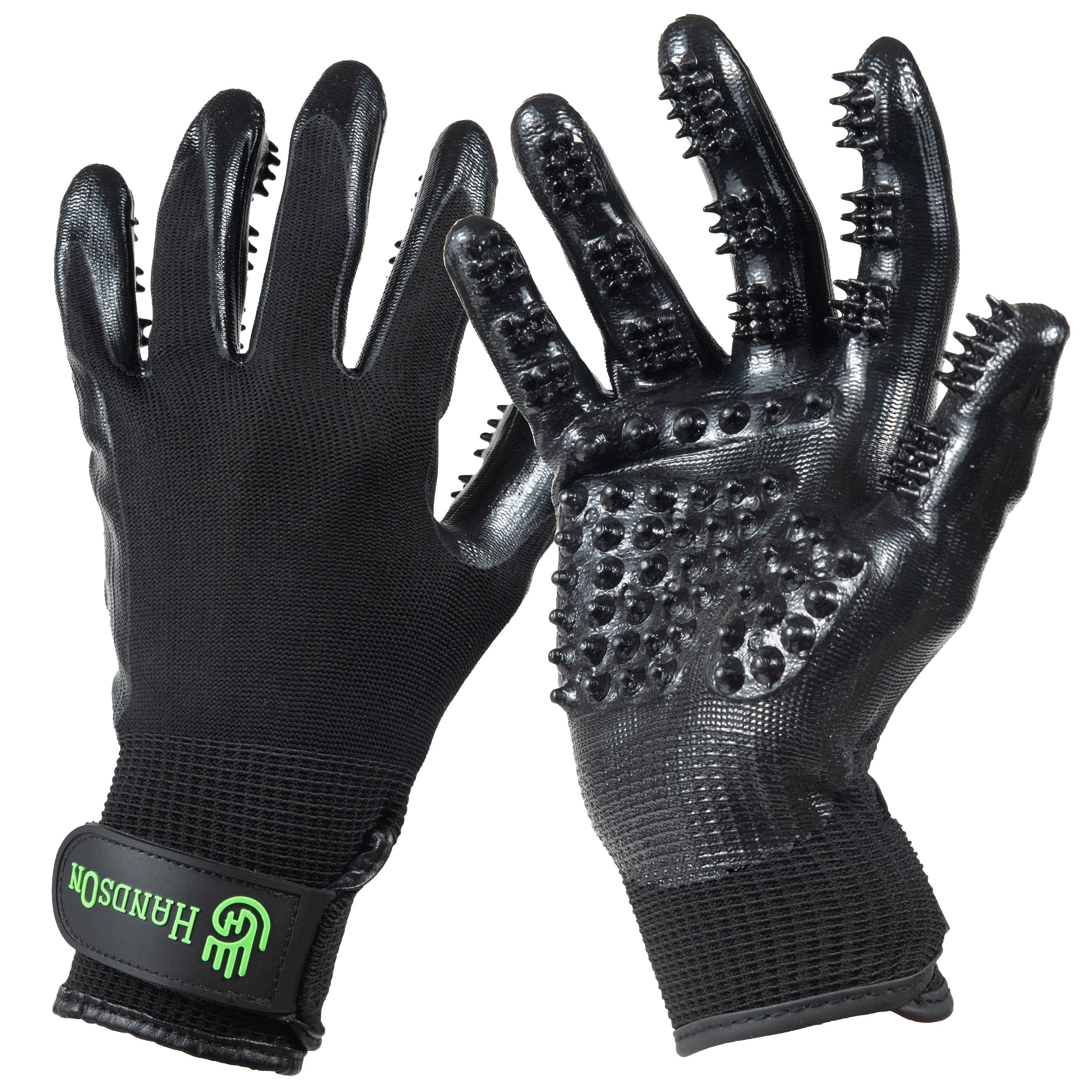 H HandsOn Pet Grooming Gloves - Patented #1 Ranked, Award Winning Shedding, Bathing, & Hair Remover Gloves - Gentle Brush for Cats, Dogs, and Horses (Black, Medium)