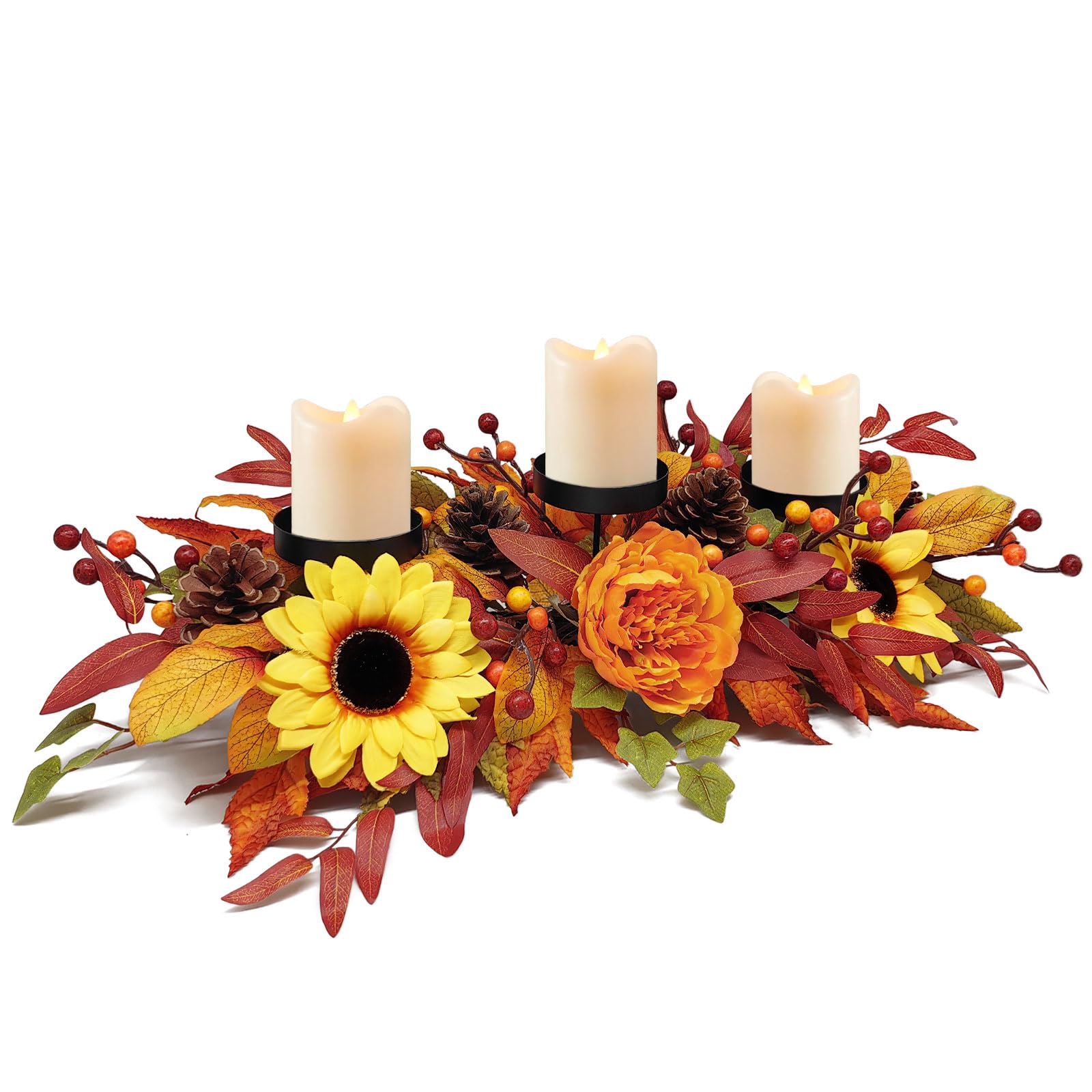 Fall Centerpiece Table Decorations, 27.5'' L Assorted Artificial Peony, Sunflowers, Berries, Autumn Leaves, Pine Cones, Harvest Table Candle Holder for Dinning Table, Fireplace (Candle Not Included)