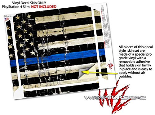 Vinyl Decal Skin Wrap compatible with Sony PlayStation 4 Slim Console Painted Faded Cracked Blue Line Stripe USA American Flag (PS4 NOT INCLUDED)