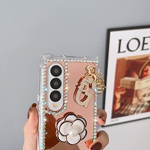 Omio for Samsung Galaxy Z Fold 3 5G Mirror Case with Crossbody Lanyard Luxury 3D Sparkle Crystal Diamond Bling Glitter Cute Slim Makeup Hard PC Phone Case for Galaxy Z Fold 3 Women Girls, Gold