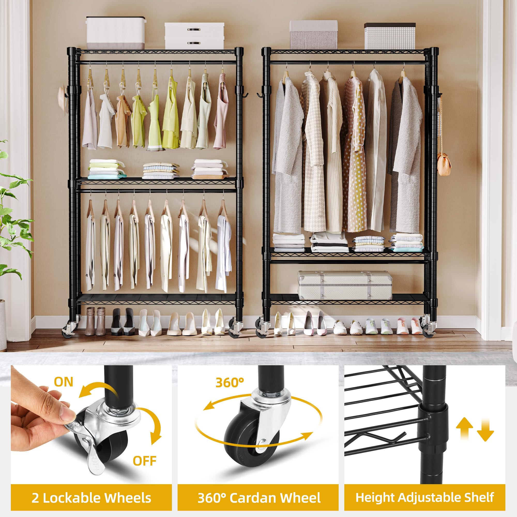 DWVO Rolling Clothes Rack with Wheels, Heavy Duty Garment Rack with 3 Tiers Adjustable Wire Shelving, Portable Clothing Rack for Cloakroom Bedroom Laundry Storage Organizer, Black