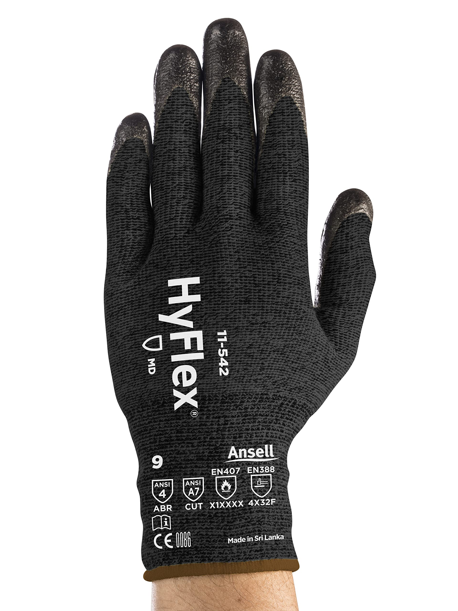 HyFlex 11-542 Cut/Heat-Resistant Kevlar Mechanical Work Gloves w/Nitrile Palm for Machinery, EMS, Automotive - Size 9, Black (12 Pairs)