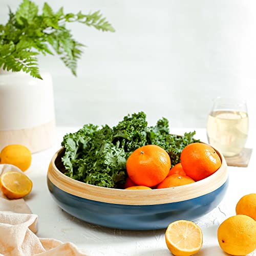 Kiwi Homie 11.81" Spun Bamboo Fruit Bowl, Bamboo Salad Bowl, Modern Large Serving Bowl, Decorative Bowl for Kitchen, Party, BBQs, Natural Handicrafted Bamboo Bowl (Blue)