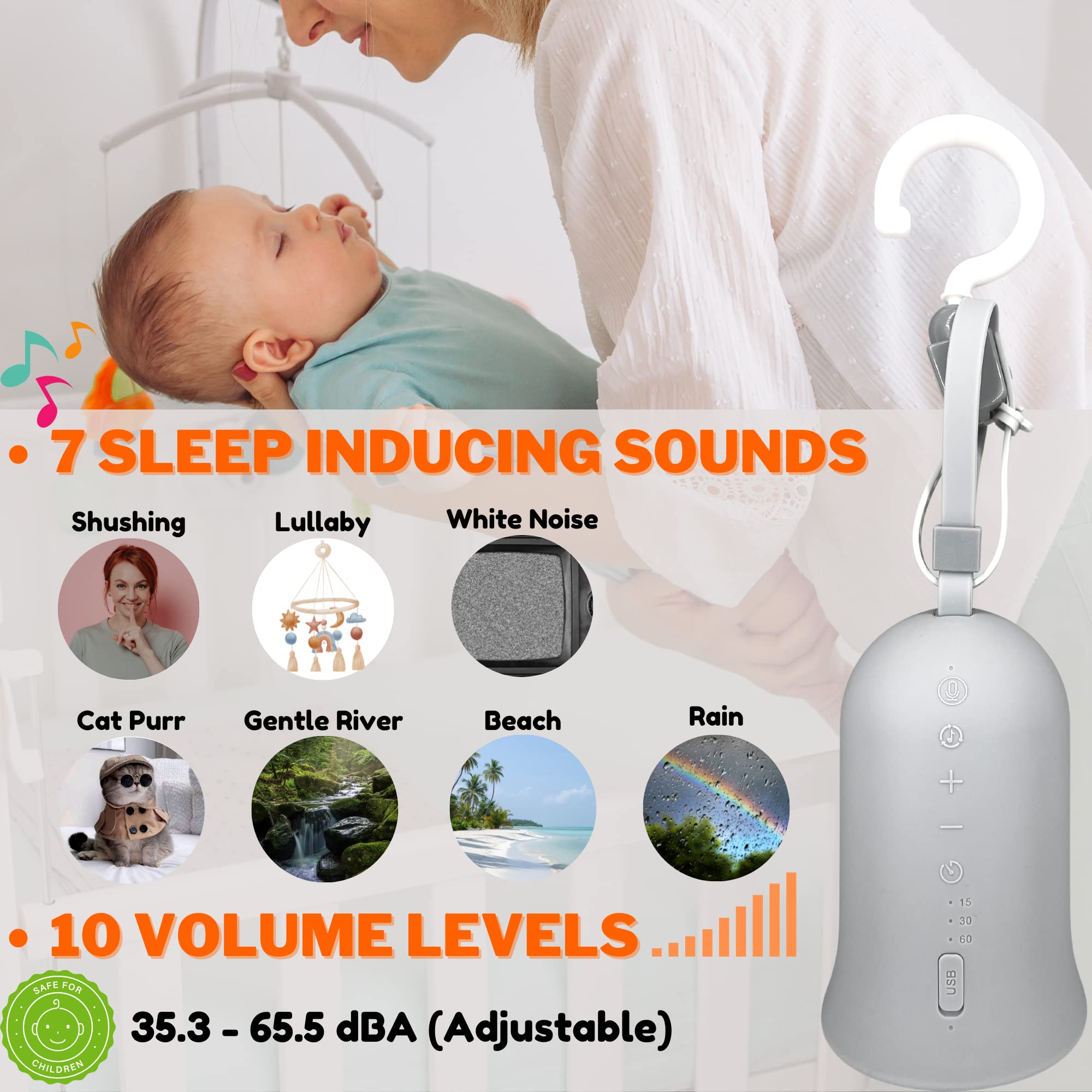 Calmper Portable Sound Machine for Baby Sleeping with nightlight – 80H Continuous Shushing White Noises - 3 Auto-Off Timers - Sound Sensor Auto-On - Night Light for Kids - Baby Essentials (Gray)