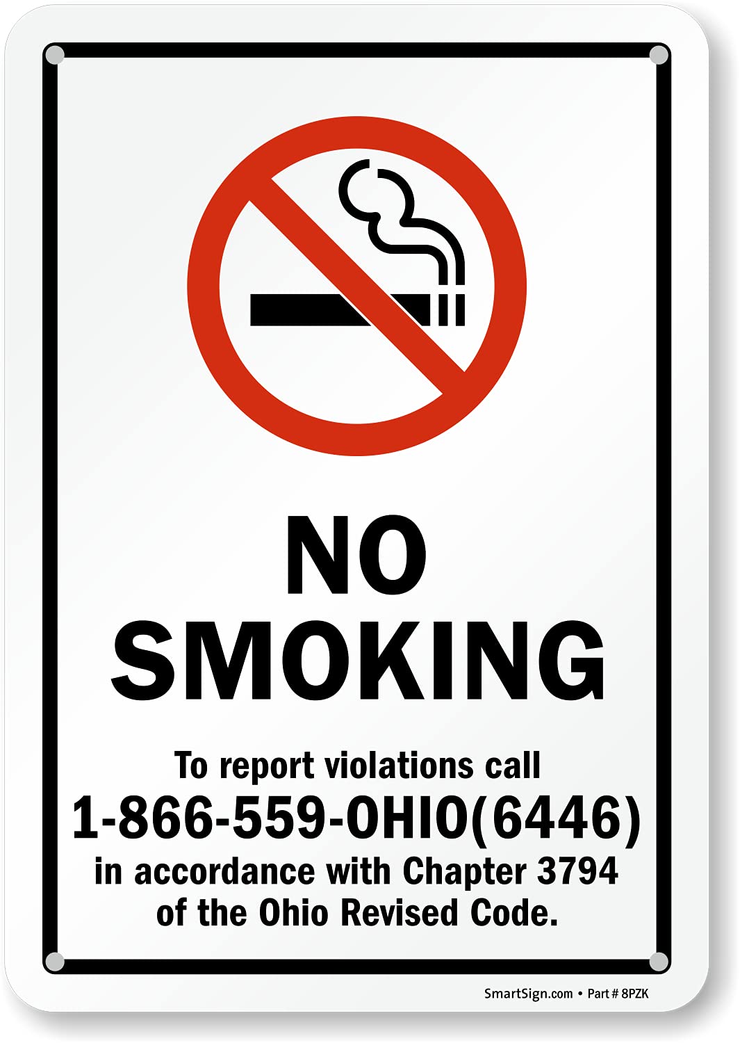 SmartSign 10 x 7 inch “No Smoking - to Report Violations Call 1-866-559-Ohio(6446) in Accordance with Chapter 3794” Ohio State Sign, Digital Printing, 55 mil HDPE Plastic, Red, Black and White