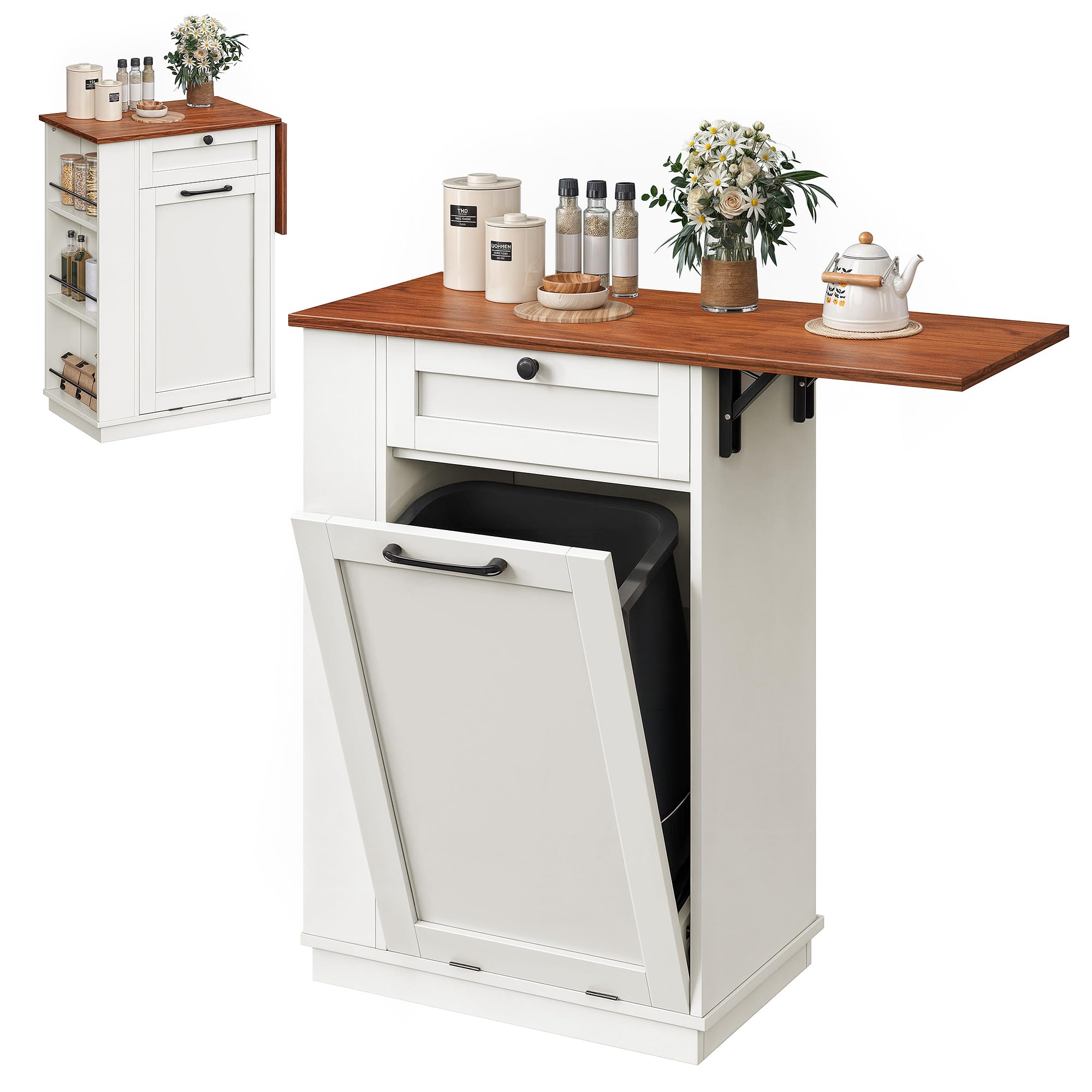 DWVO Trash Can Cabinet with Storage Cabinet & Drop Leaf, Tilt Out Trash Cabinet Hidden Garbage Bin Cabinet Freestanding Wooden Trash Bin Cabinet w/Drawer, Off White