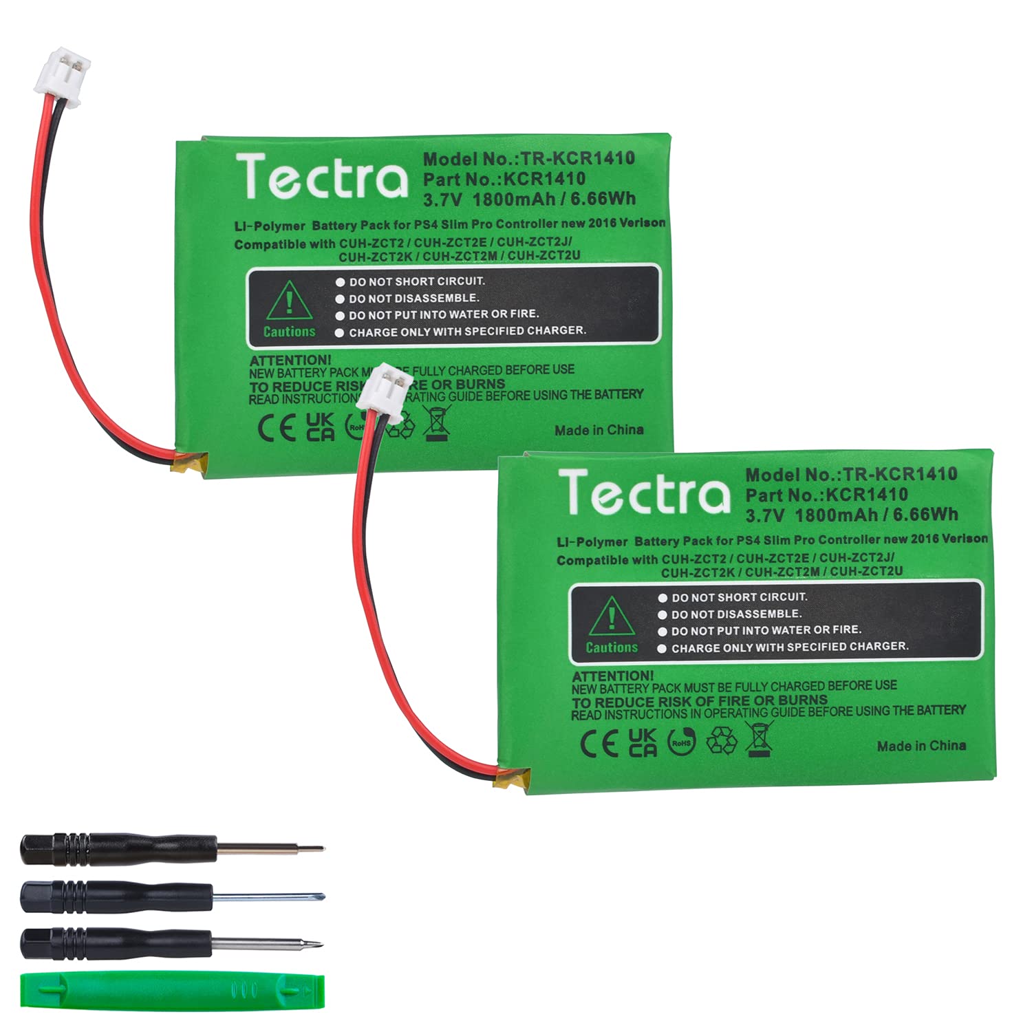 Tectra 2Pcs 1800mAh KCR1410 Battery for Sony PlayStation 4 PS4 Slim/Pro Wireless Dual Shock Controller CUH-ZCT2, CUH-ZCT2U, New 2016 Version Or Newer (Small Plug)